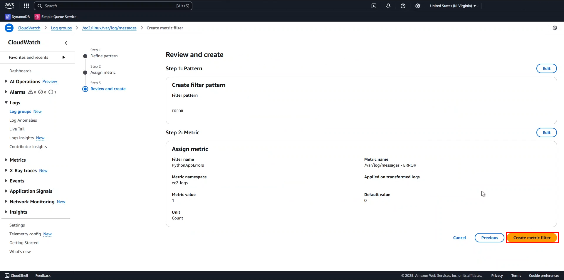 CloudWatch Metric Filter :: AWS Account Setup